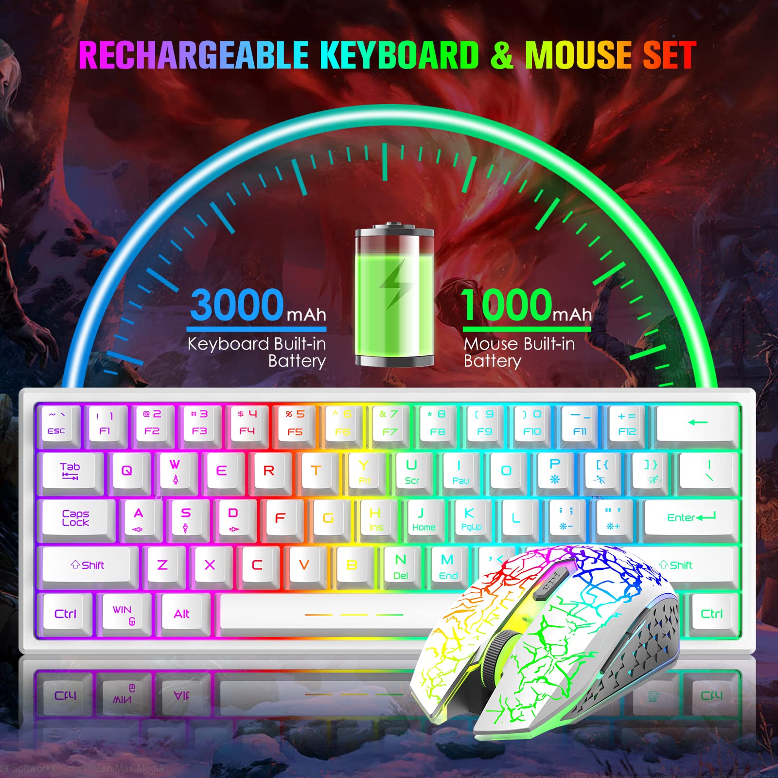 A.JAZZ Wireless Gaming Keyboard and Mouse Combo with 61 Key TKL Rainbow LED Backlight Rechargeable 4000mAh Battery Mechanical Feel Anti-ghosting Ergonomic Waterproof RGB Mute Mice for Win/Mac (White)