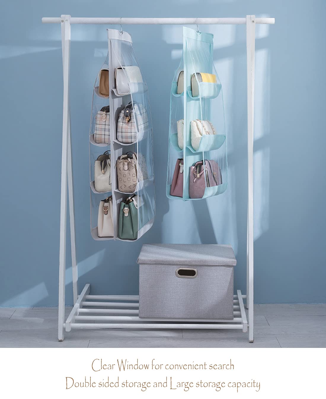 MURRI&MURRDI 2 Packs Hanging Handbag Organizer for Closet, Purse Storage Holder with 8 Easy Access Clear PVC Pockets, Purse Hanger for Wardrobe Space Saving Organizer (2 Gray)