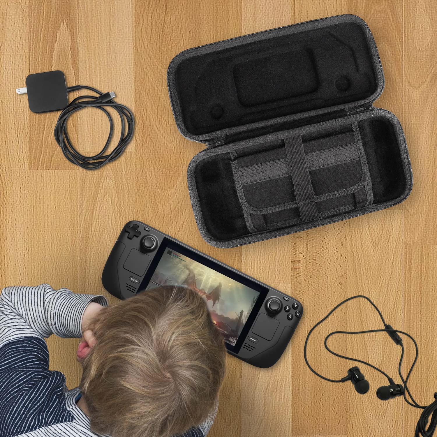 AIXOTO Carrying Case for Steam Deck, Shockproof Hard Shell Carry Case Built-in AC Adapter Charger Storage, with 5 SD Games Cartridges for Steam Deck Console & Accessories, Black