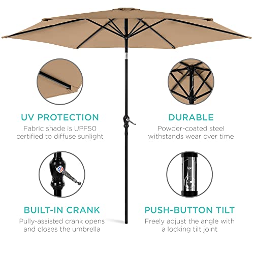 Best Choice Products 10ft Outdoor Steel Polyester Market Patio Umbrella w/Crank, Easy Push Button, Tilt, Table Compatible - Tan
