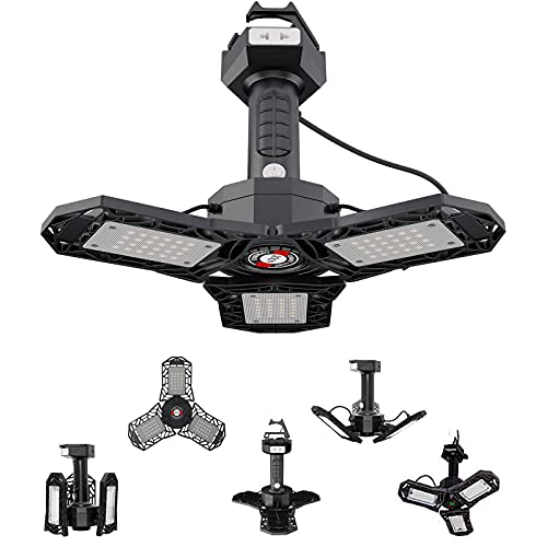 60W LED Garage Lights with Hook and Plug, 6000LM 6000K Super Bright LED Garage Ceiling Lights, Handheld Deformable LED Shop Lights with Adjustable Panels for Garage, Workshop, Warehouse