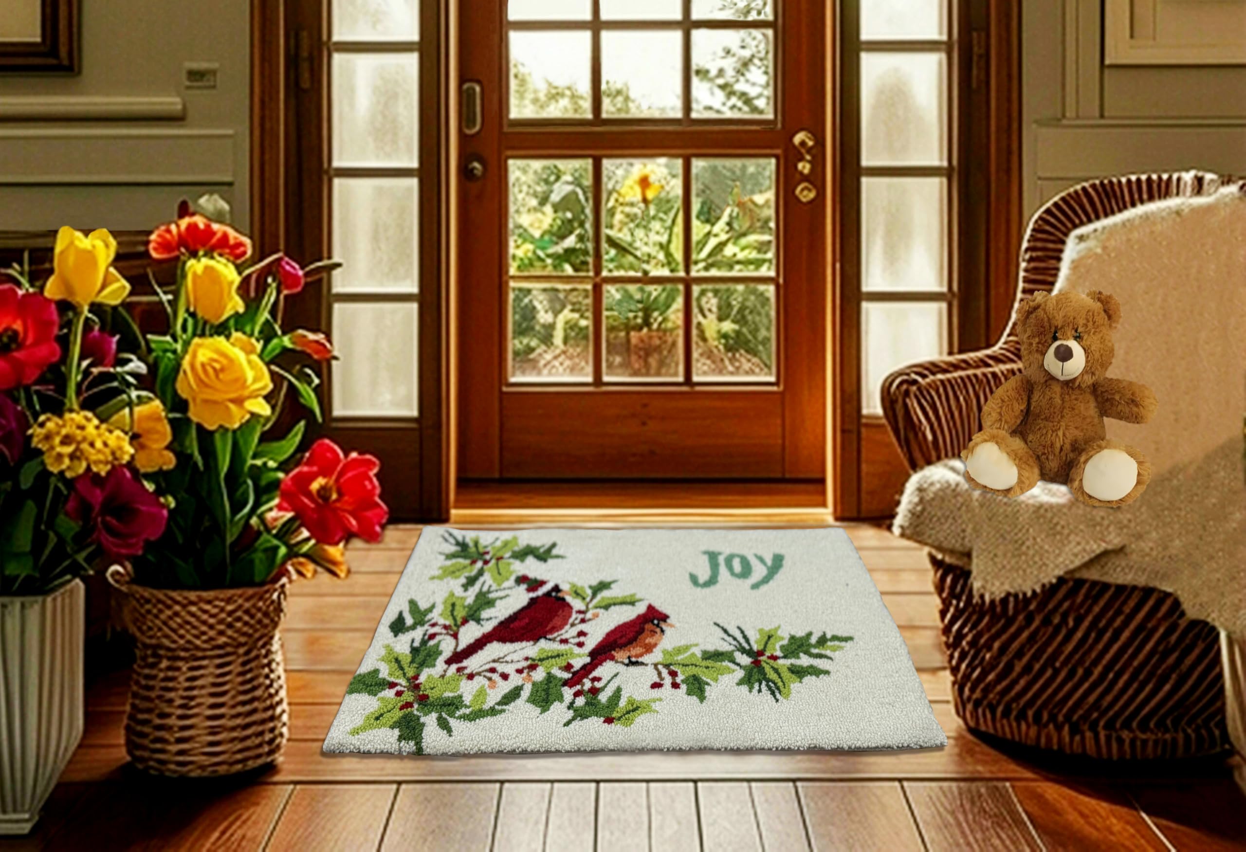 EZ.enjoy Winter Cardinal on Branch Holly Berries Joy Hand-Hooked Accent Rug 28.5 X 17 Inches for Holiday Christmas Home Decor