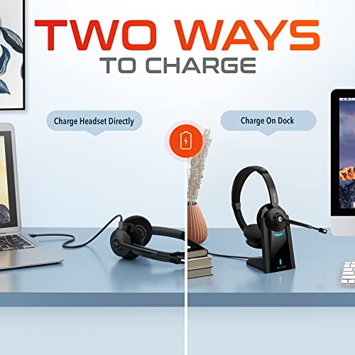 Bluetooth Headset with Noise Cancelling Mic and Charging Dock, Wireless Headphones with Mic, 2-Earpiece with Auto-Pair USB Dongle for PC/Laptop, Handsfree/Dual Connect/Mute, for Meet|Skype|Zoom|Teams