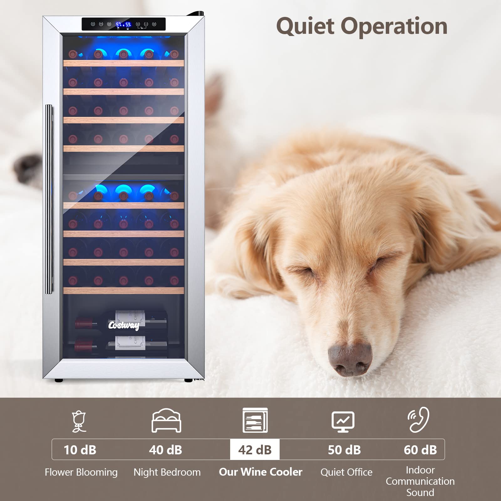 COSTWAY 20-Inch Wine Cooler Refrigerator, 43 Bottles Dual Zone Wine Cellar with 8 Wooden Shelves, Tempered Glass Door, Built-in or Freestanding Mini Wine Fridge for Home Office Bar