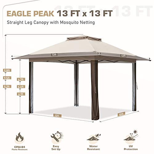 EAGLE PEAK 13x13 Pop-Up Gazebo Tent Instant w/Mosquito Netting,Outdoor Gazebo Canopy Easy Set-up Folding Shelter (Beige/Brown)