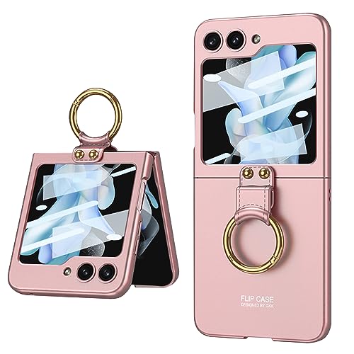 DOOTOO for Samsung Galaxy Z Flip 5 Case with Ring Holder Matte PC Built-in 9H Glass Screen Protector All-Inclusive Shockproof Case (Pink)