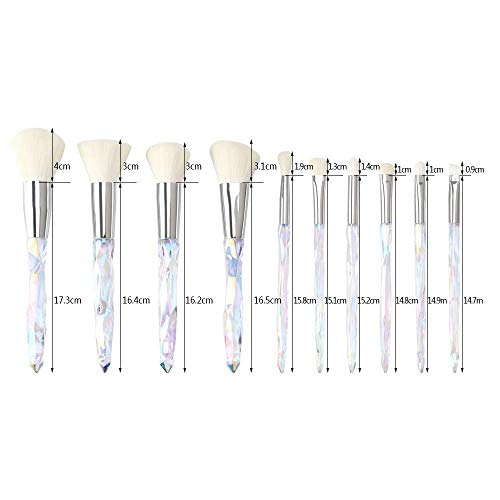 Makeup Brushes Crystal Handle Set, Tenmon 10 PCS Crystal Transparent Handle Kabuki Powder Foundation Brush Concealer Eye Shadow Eyeliner Eyebrow Brush (White)