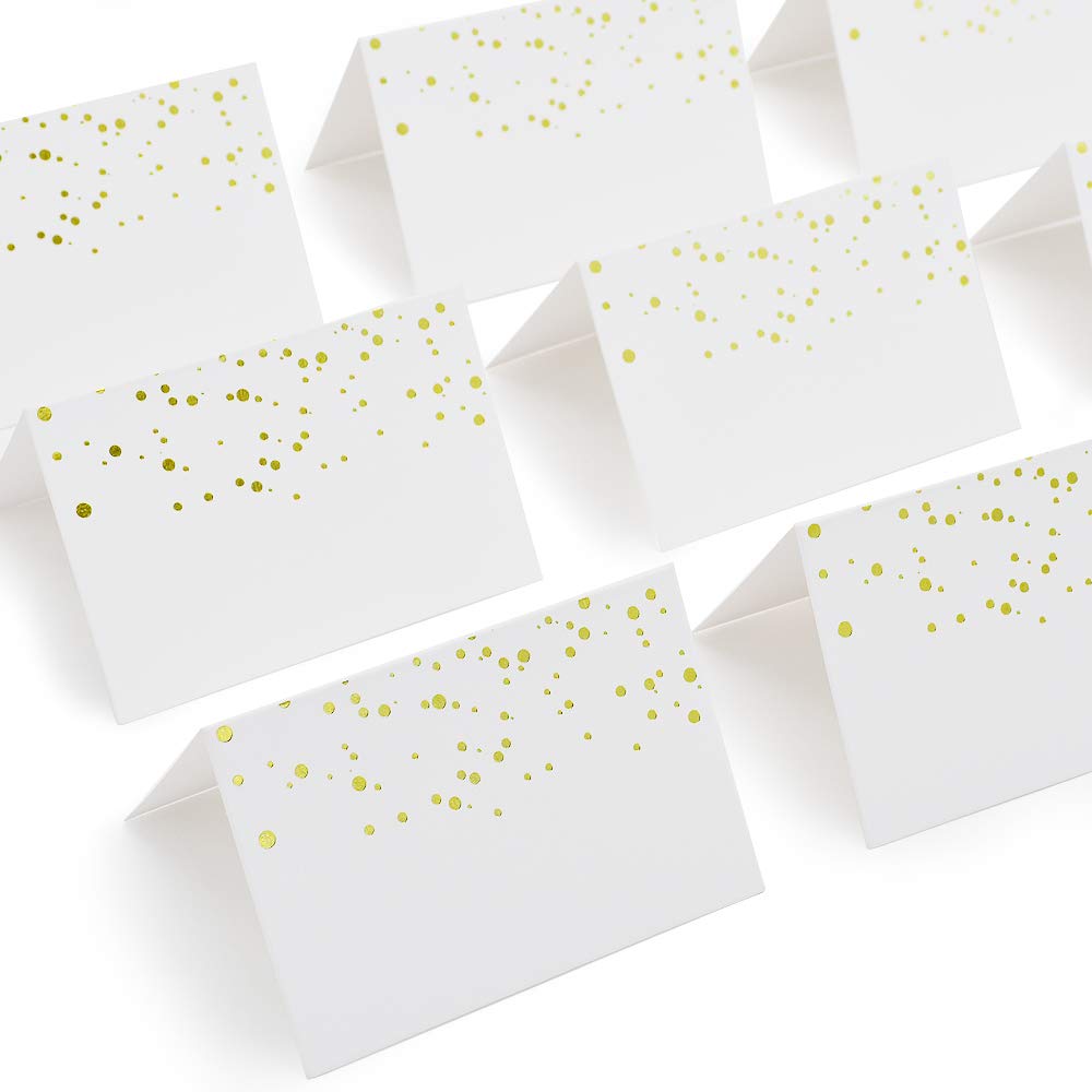 AZAZA 50 Pcs Place Cards with Gold Foil Dots - Textured Table Tent Cards Seating Place Cards for Weddings Banquets Dinner Parties 2.5" x 3.75" (Dots - Gold)
