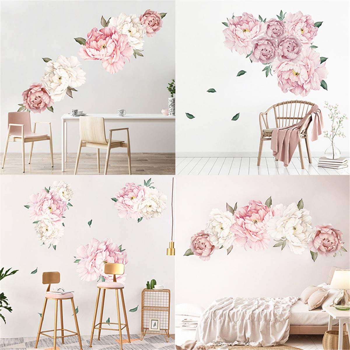 Peony Flowers Wall Sticker Waterproof PVC Rose Flowers Wall Decals Removable Floral Wall Decor Sticker for Living Room Bedroom Nursery Room