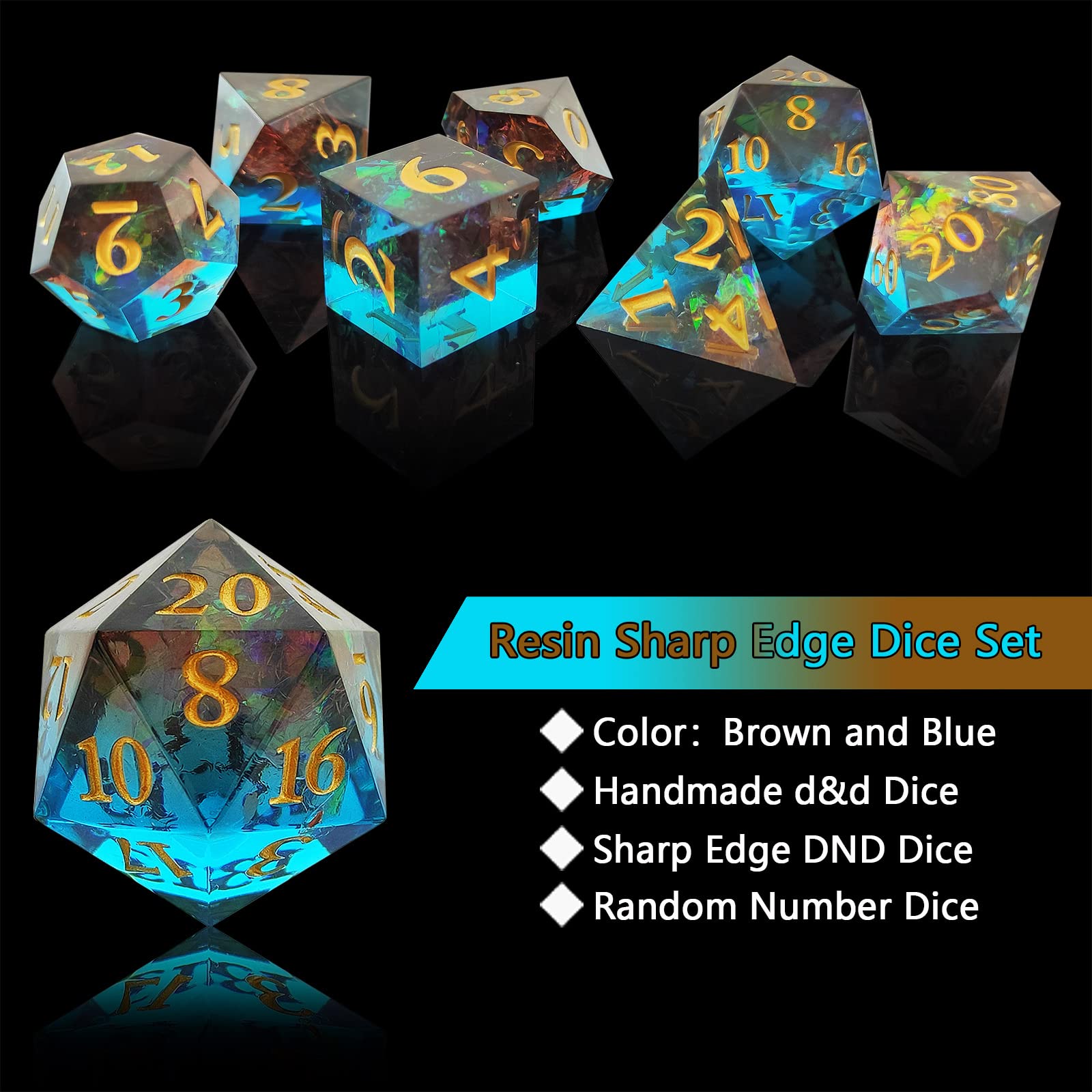 AJKDEUIH DND Dice Set 7pcs D&D Dungeons and Dragons Gifts D20 Polyhedral Sharp Edge Resin Dice Pathfinder RPG MTG Role Playing D and D Table Games Accessories with Black Storage Bag-Brown Blue