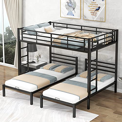 DEYOBED Full Over Twin & Twin Metal L-Shaped Triple Bed Bunk Bed with Shelf and Dual Ladders - Functional and Stylish Sleep Arrangement for Kids, Teens, Adults