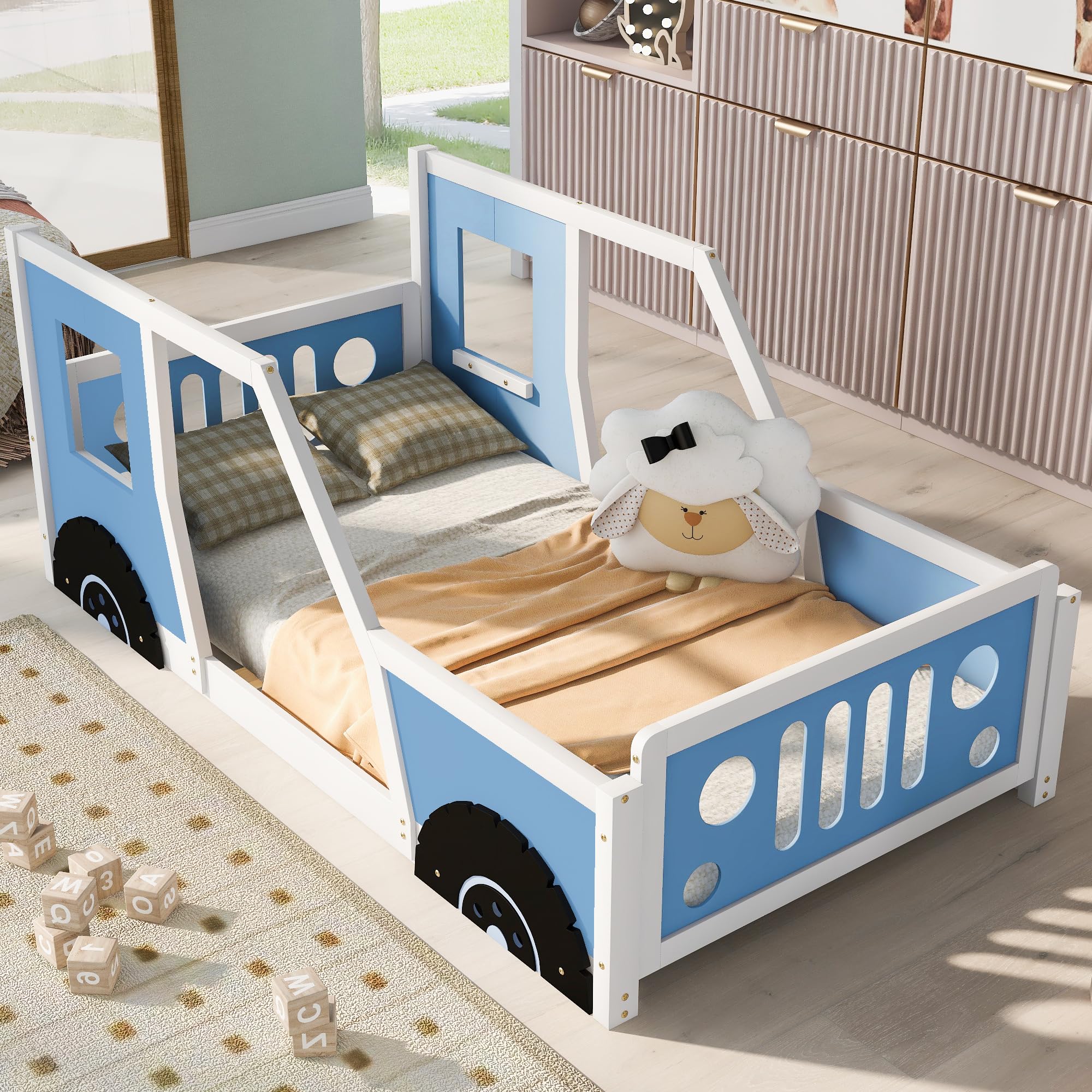 Twin Size Car Bed, Wood Floor Bed Frame with Headboard & Footboard and 4 Side Rails, Kids Racecar Bed for Boys Girls Teens, Blue