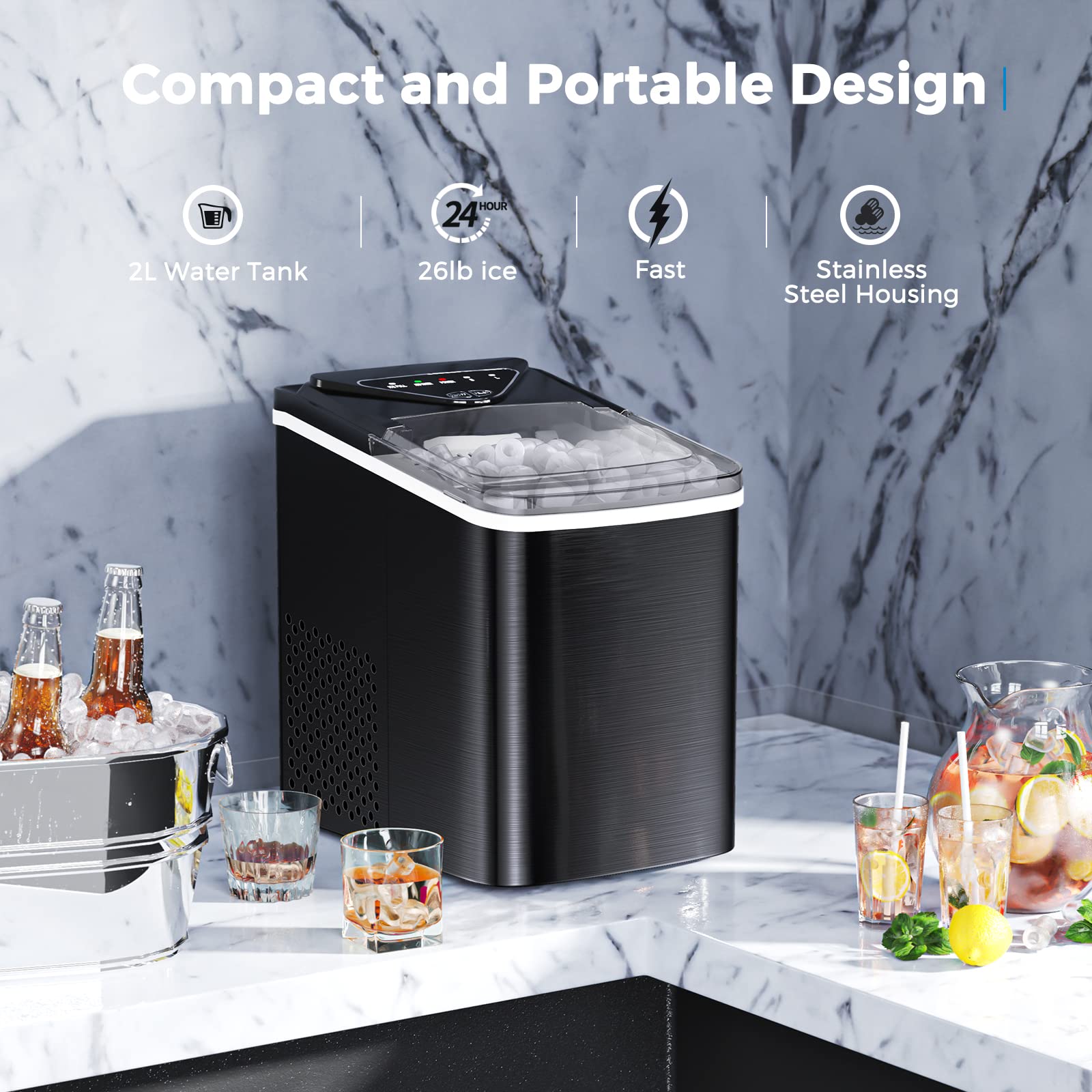 Ice Makers Countertop, Self-Cleaning Function, Portable Electric Ice Cube Maker Machine, 9 Ice Cubes Ready in 6 Mins, 26lbs 24Hrs with Ice Scoop and Basket for Home Kitchen Office, Stainless Steel