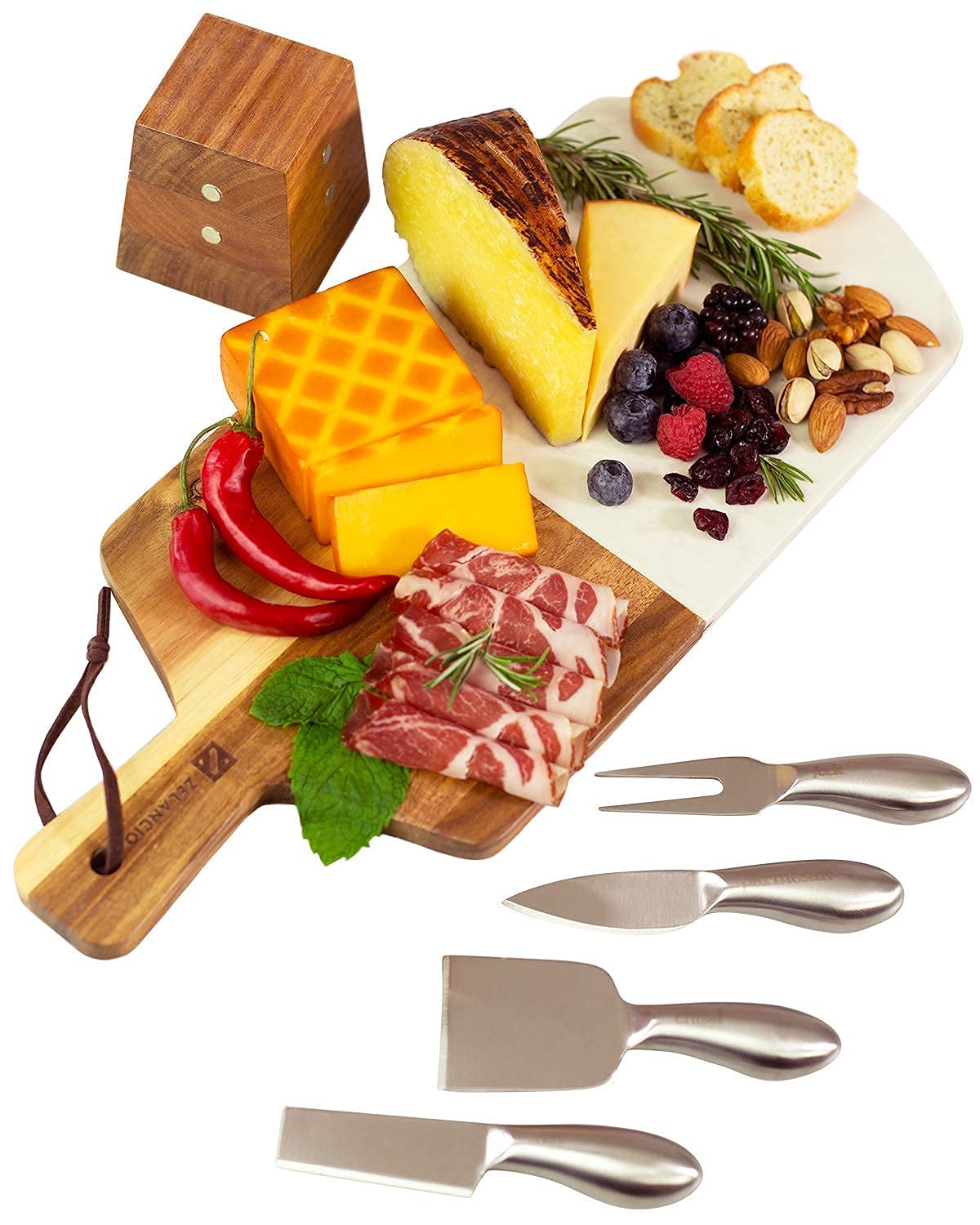Zelancio Marble and Acacia Wooden Serving Cheese Board, 6 Piece Set Includes Stainless Steel Cheese Tools, Serving Paddle, Wood Cheese Knife Holder with Integrated Magnets