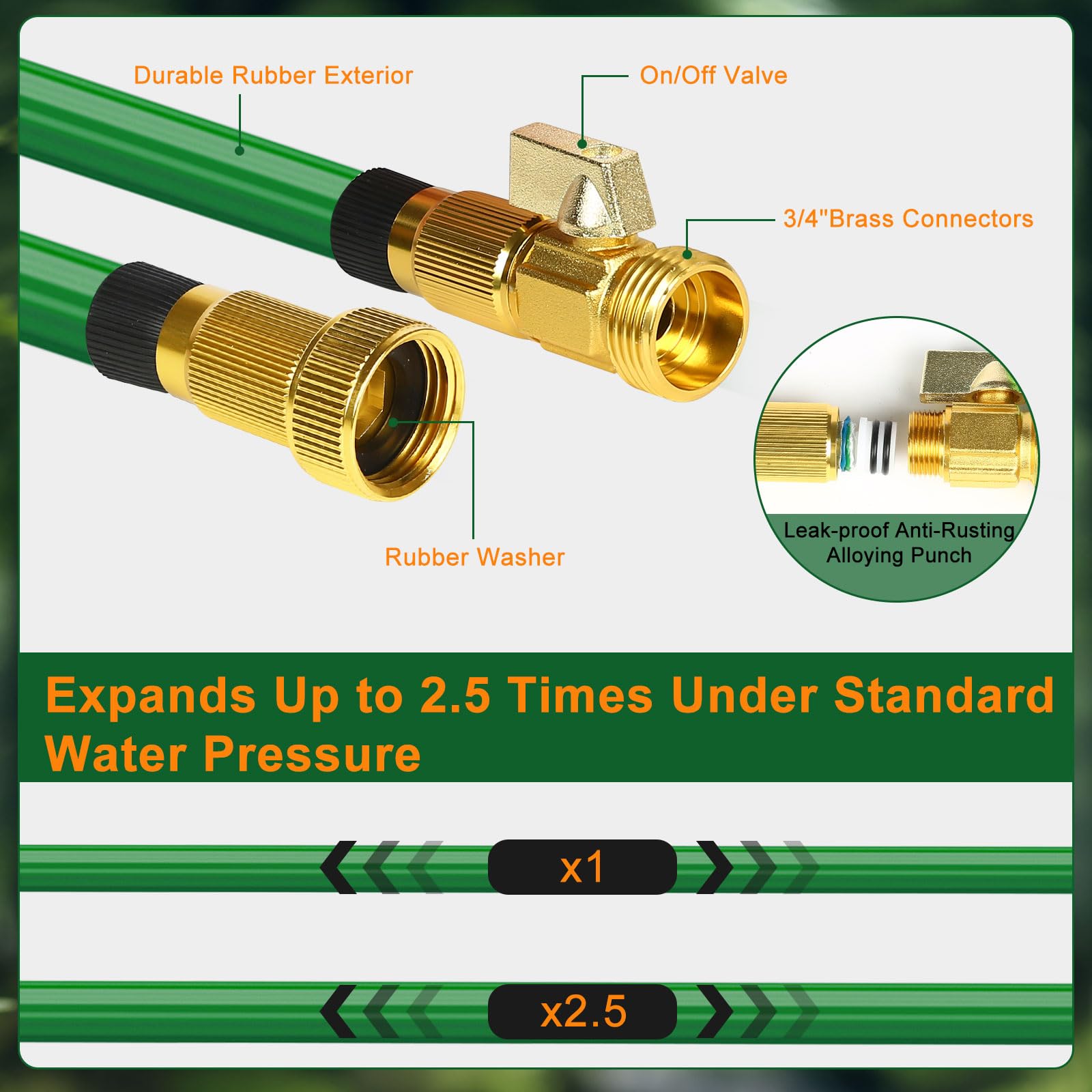 Ajokysho Garden Hose, 100ft Expandable Garden Hose with 10 Functions Spray Nozzle, Water Hose with 3/4"" Solid Brass Connector, Flexible and Leakproof Water Pipe for Car Washing, Green, SG-100FT