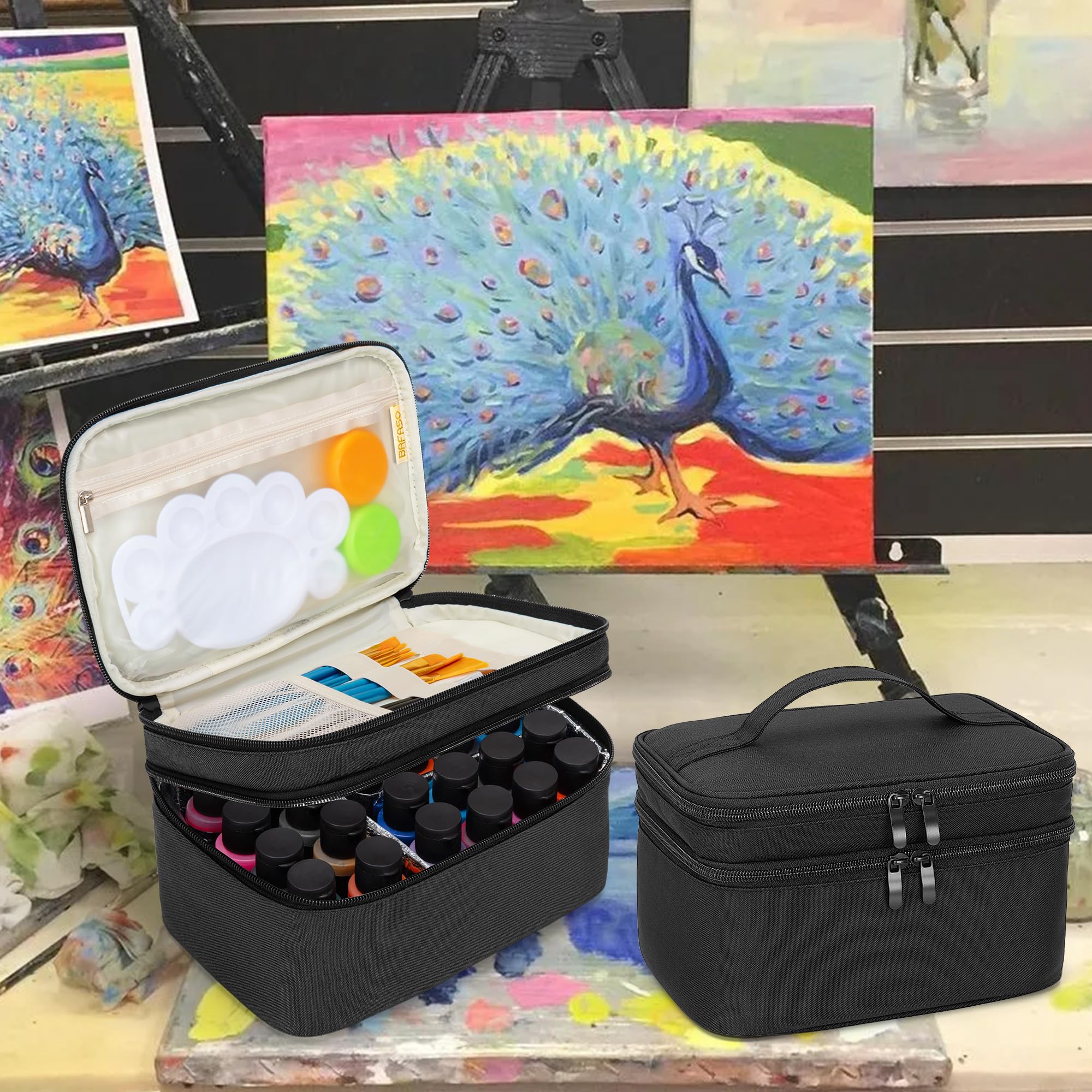 BAFASO Acrylic Paint Organizer Holds 24 Bottles of 2 fl.oz Acrylic Paint, Acrylic Paint Storage Case with Tools Storage Section (No Accessories Included), Black