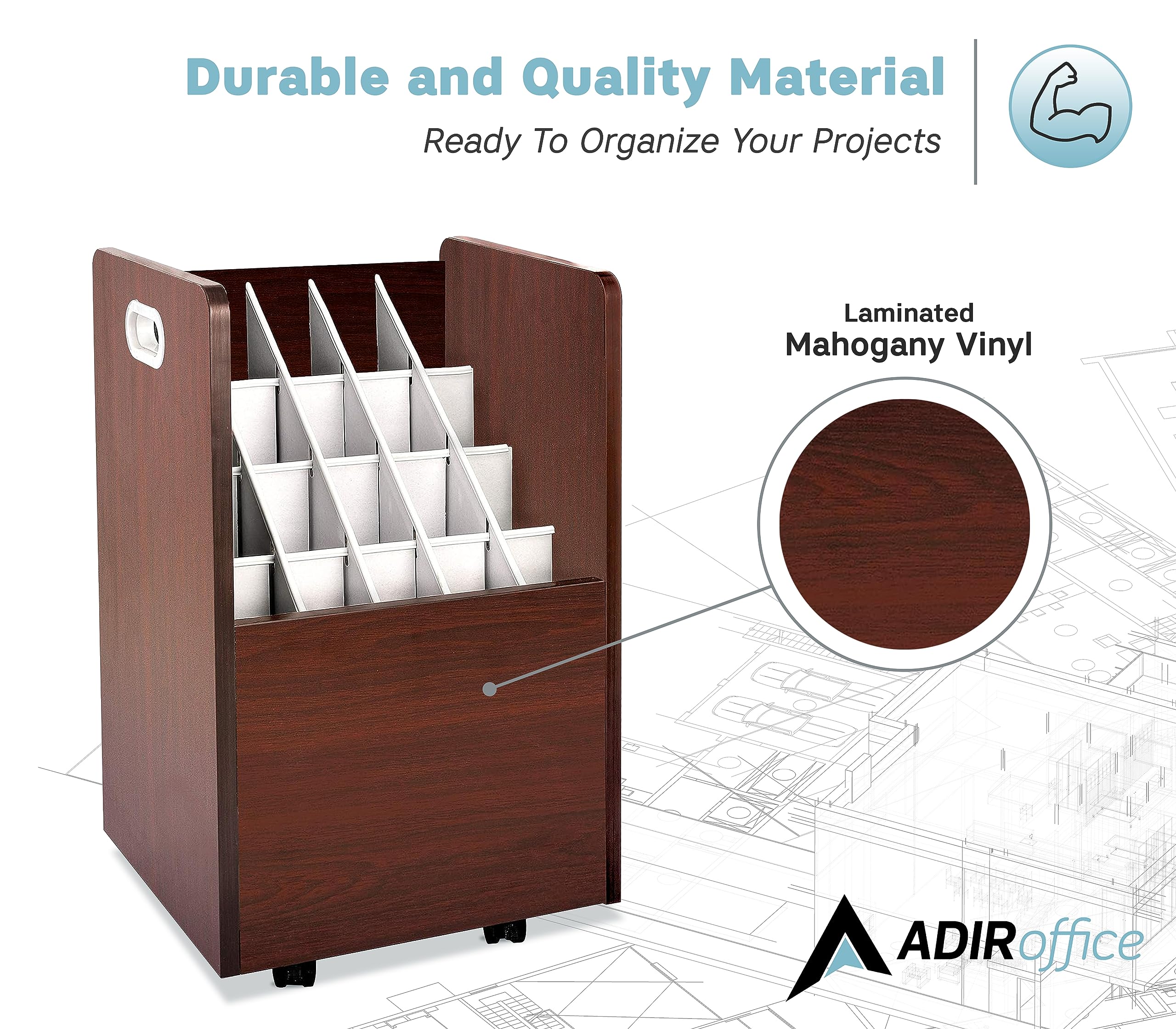 Adir Mobile Blueprint Roll File Holder - Mobile Roll File Organizer Cart for Home Office or School. 20 Slots Blueprint File Holder with Wheels for Maps, Plans, Posters