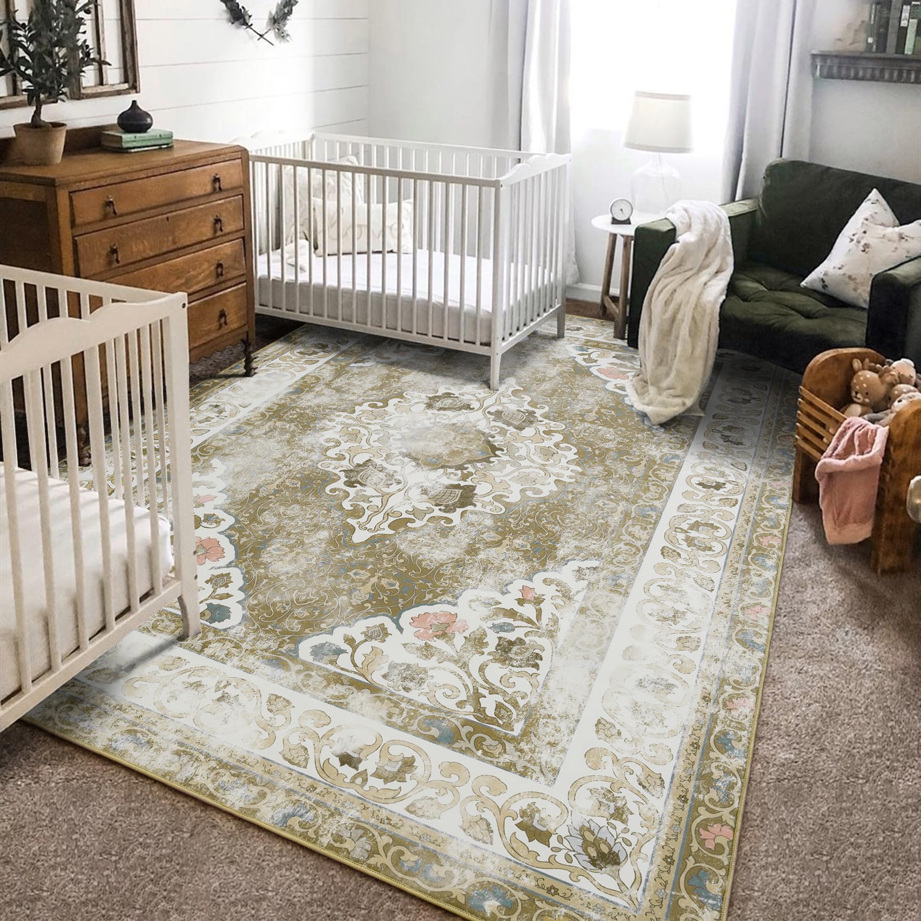 B BENRON Soft Living Room Rug 4x6, Brown, Thin Rugs for Bedroom, Floral Rug with Memory Foam, Low-Pile Area Rug Home Decor