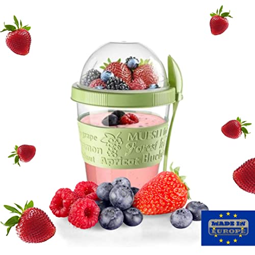 DGRS MARKET 20 oz Breakfast Cereal On the Go Cups with Spoon, Portable Take'n Go Oatmeal and Yogurt Parfait Containers Cup with Lids Reusable for Yogurt, Fruit Cup for Travel, 2PCs (Green & Red)