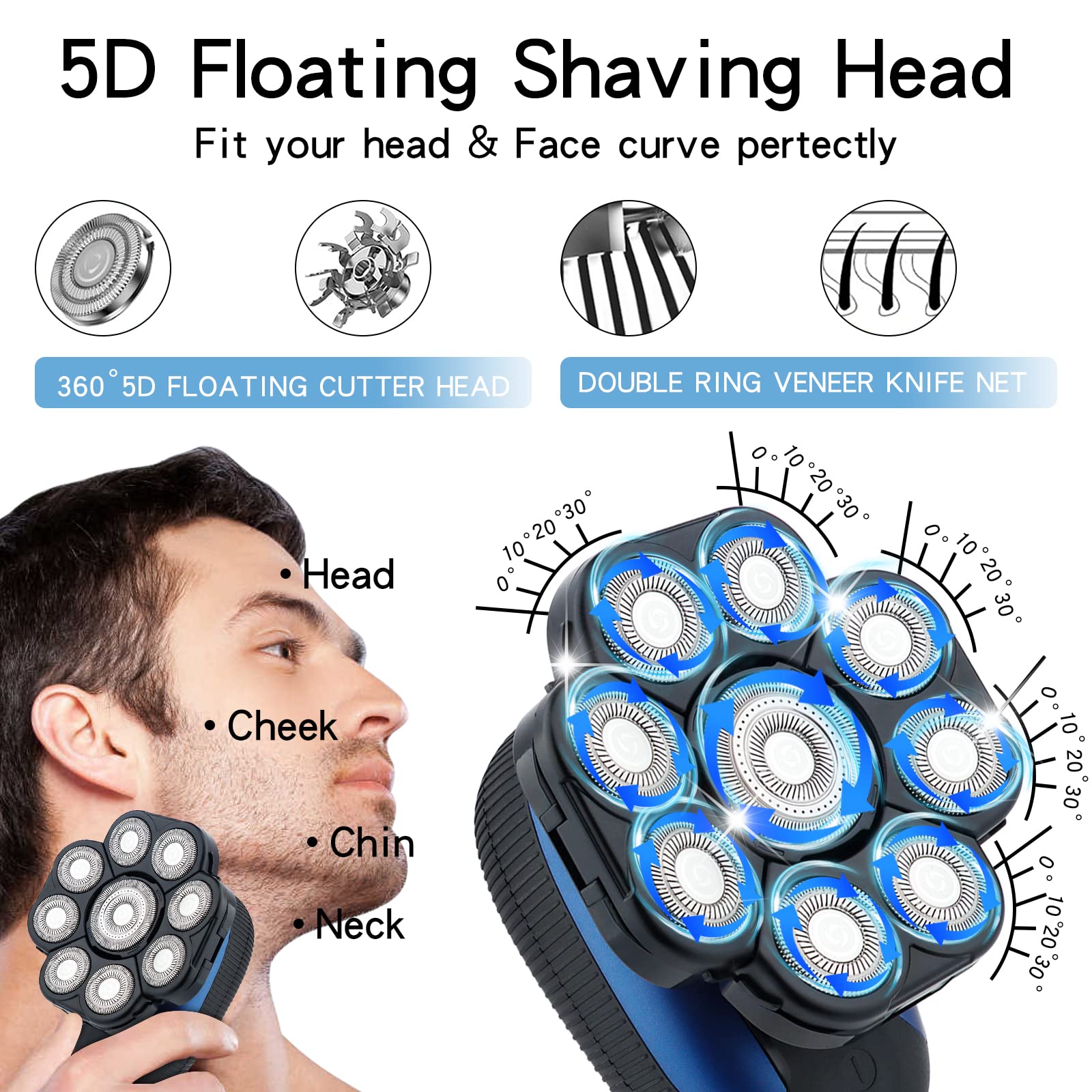 9D Head Shavers for Bald Men, 6-in-1 Electric Bald Head Shavers for Men, Cordless Beard Shavers, Waterproof Wet/Dry Mens Grooming Kit, USB Rechargeable
