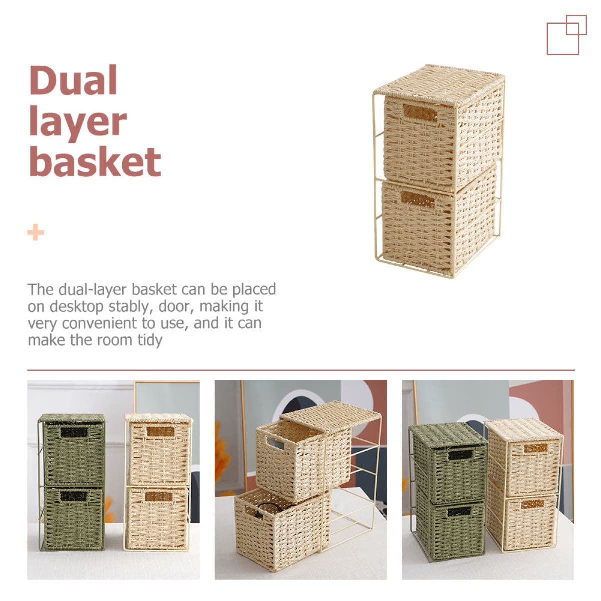 Cabilock Rattan Double Layer Basket wicker basket 3 drawer plastic storage 2 tier organizer baskets woven sliding basket plastic drawers for clothes pantry pvc imitation rattan egg to weave