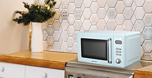 Emerson .7 Cu Ft Retro Digital Microwave Oven, 700W with 5 Micro Power Levels, 8 Pre-Programmed Settings, Express & Defrost, Chrome Handle & Control Buttons, Timer & LED Display, Retro Blue