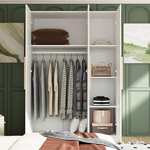 FAMAPY 3 Doors Wardrobe with Shelevs, Armoire Wardrobe Closet with Hanging Rod, Wooden Handles, Armoire Closet for Bedroom White (47.2”W x 18.9”D x 70”H)