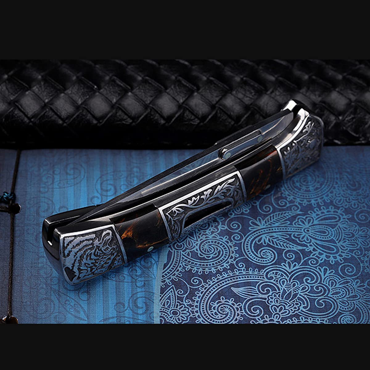 LANFED Pocket knife for Men, 3.5 inch Folding Knife with Back Lock, Engraved Unique Resin Handle, Cool Knives for Fishing, Hunting, Camping Gifts for Men