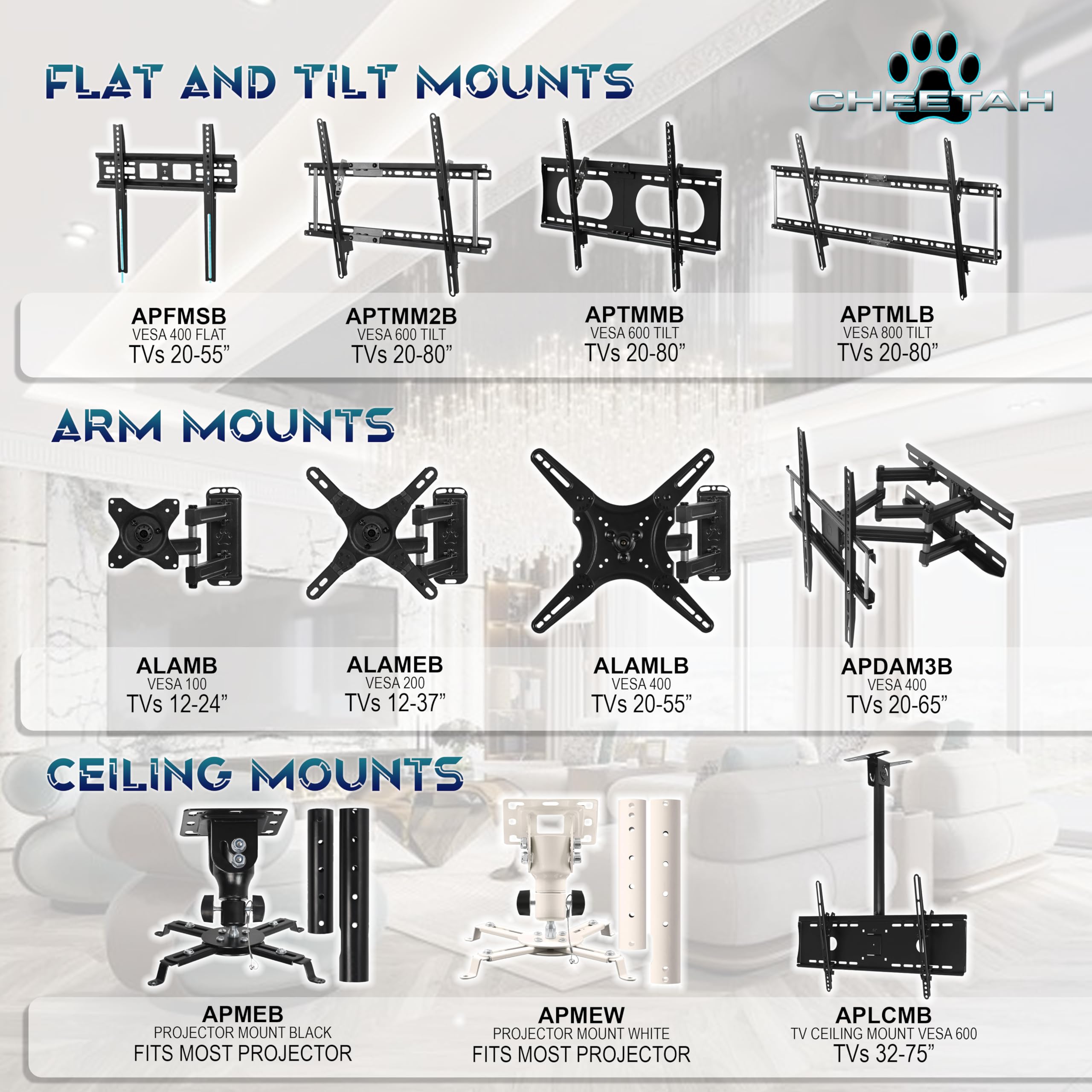 Cheetah APTMMB TV Wall Mount for 20-80" TVs (Some up to 90”) up to VESA 730 and 165lbs, and fits 16” and 24” Wall Studs, and Includes a Tilt TV Bracket, a 10' Twisted Veins HDMI Cable and a 6" 3-Axis