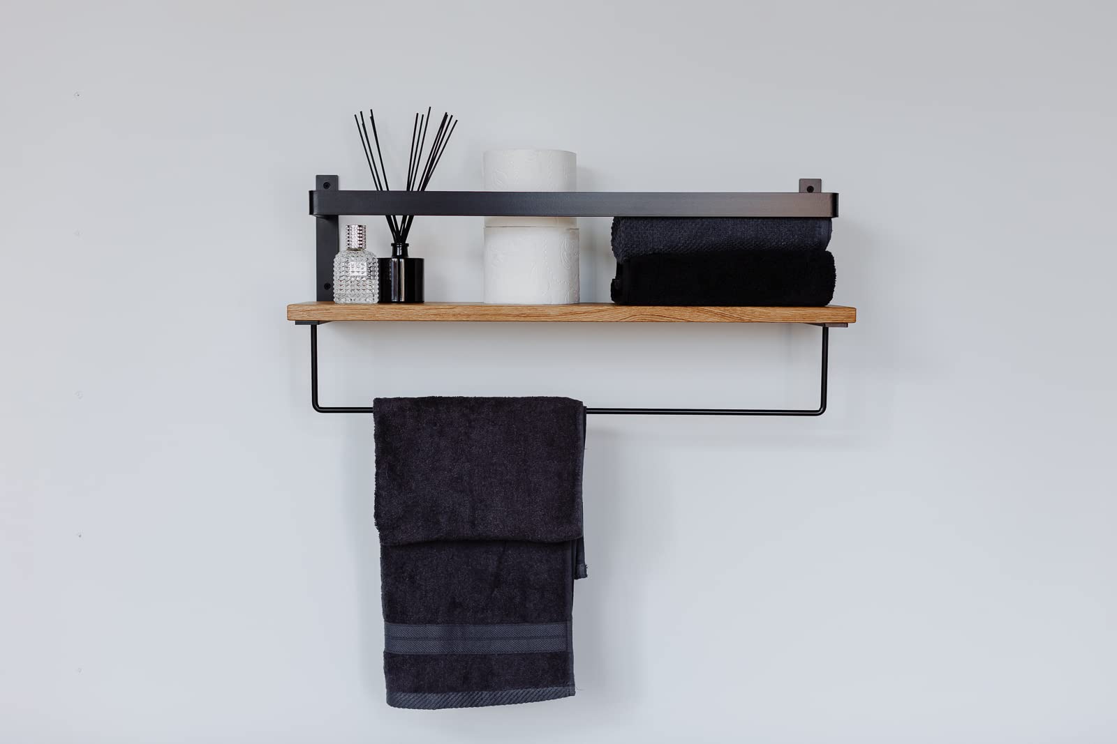Wood Floating Shelves with Metal Towel Bar, Oak Kitchen Wall Storage Towel Rack, Bathroom Towel Holder, Wall Mounted Steel Towel Rack ETHIMO Bold I
