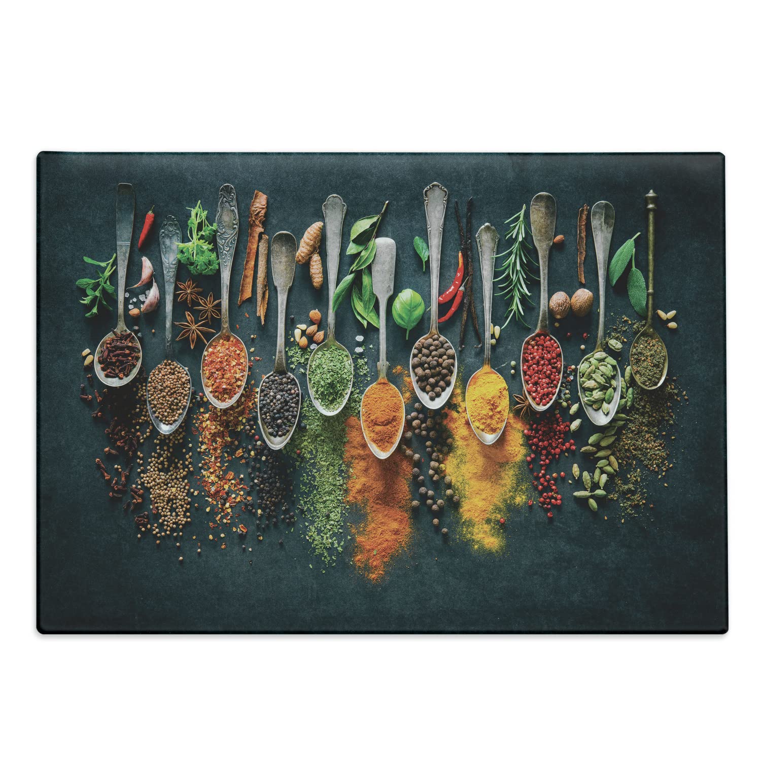 Ambesonne Spices Cutting Board, Art of Cooking Themed Photo Cinnamon Paprika Ginger Mustard Sage Salt, Decorative Tempered Glass Cutting and Serving Board, Large Size, Dark Teal and Multicolor