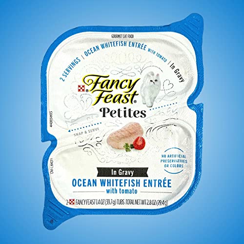 Fancy Feast Petites Variety in Gravy Bundle | 3 Flavors, (3) Each: Ocean Whitefish Tomato, Seared Salmon Spinach, Grilled Chicken Rice (2.8 Ounces) | Plus Mesh Kitty Toy and Car Paw Magnet!
