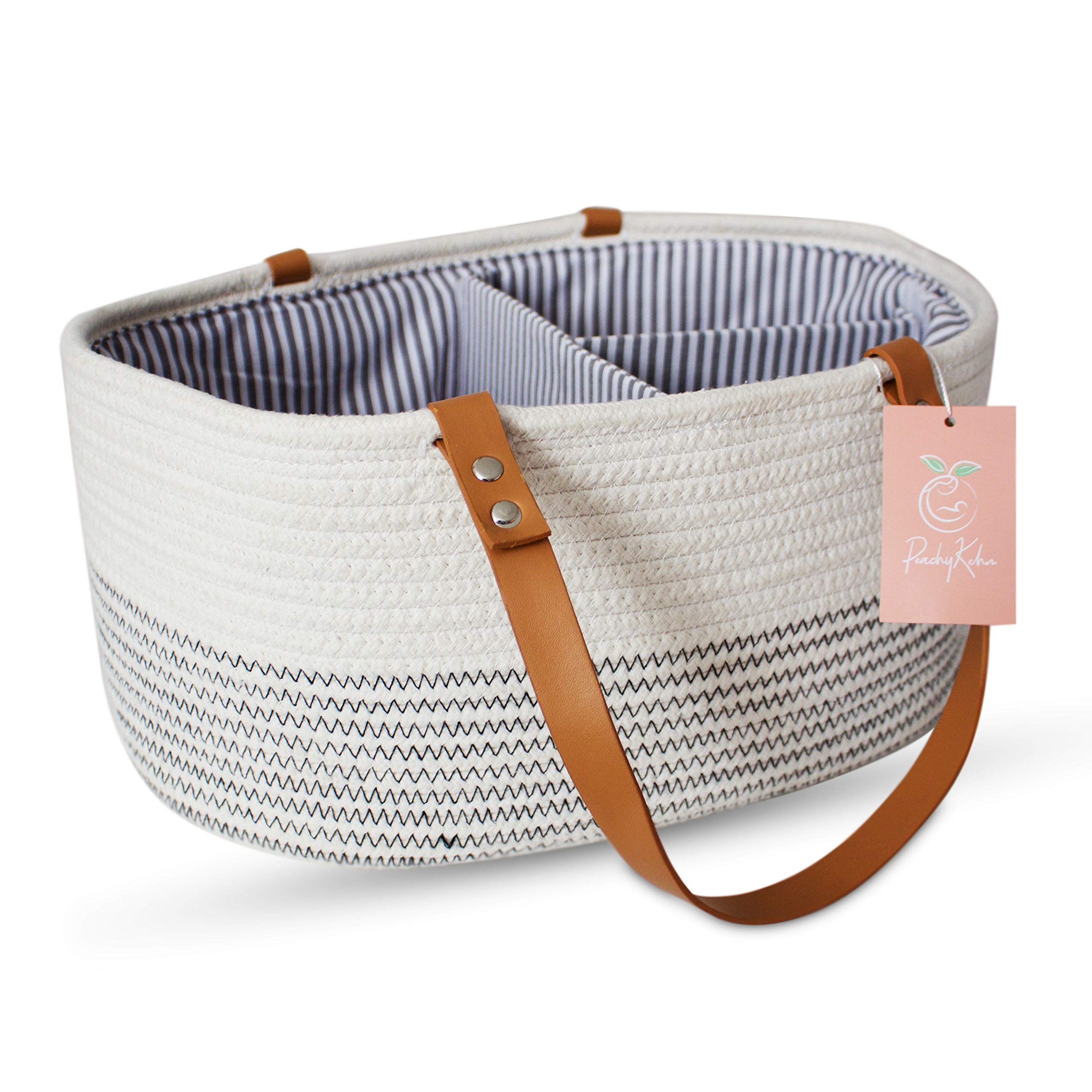 PeachyKehn Rope Baby Diaper Caddy Organizer – Trendy Nursery Storage Bin – Large Woven Cotton Tote with Removable Inserts and Eco Leather Handles – Baby Car Organizer or Shower Gift Basket
