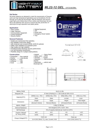 Mighty Max Battery ML22-12GEL - 12 Volt 22 AH, GEL Type, Internal Thread (INT) Terminal, Rechargeable SLA AGM Battery