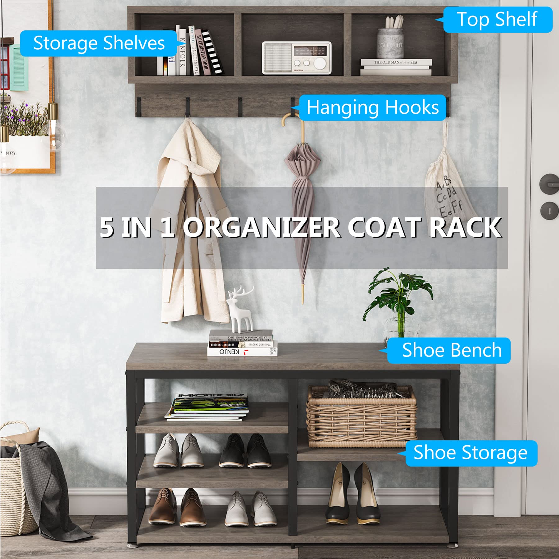 Tribesigns Coat Rack Shoe Bench Set Industrial, Hall Tree with 3 Storage Cubbies, 7 Hooks for Entryway, Hallway, 5-in-1Design, Vintage Grey