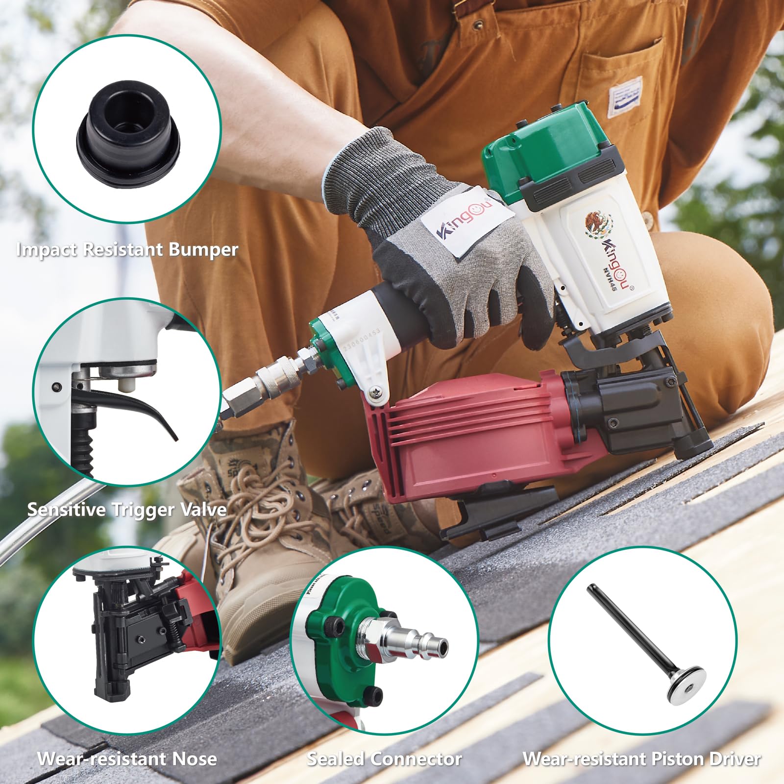 Kingou Mexican Style NVH45 Roofing Nailer Gun For Roofing Constructions Accepts 7/8-Inch to 1-3/4-Inch Nails 15 Degree With 3/8 NPT Air Connector 120-pcs Load Capacity Roofing Nailer