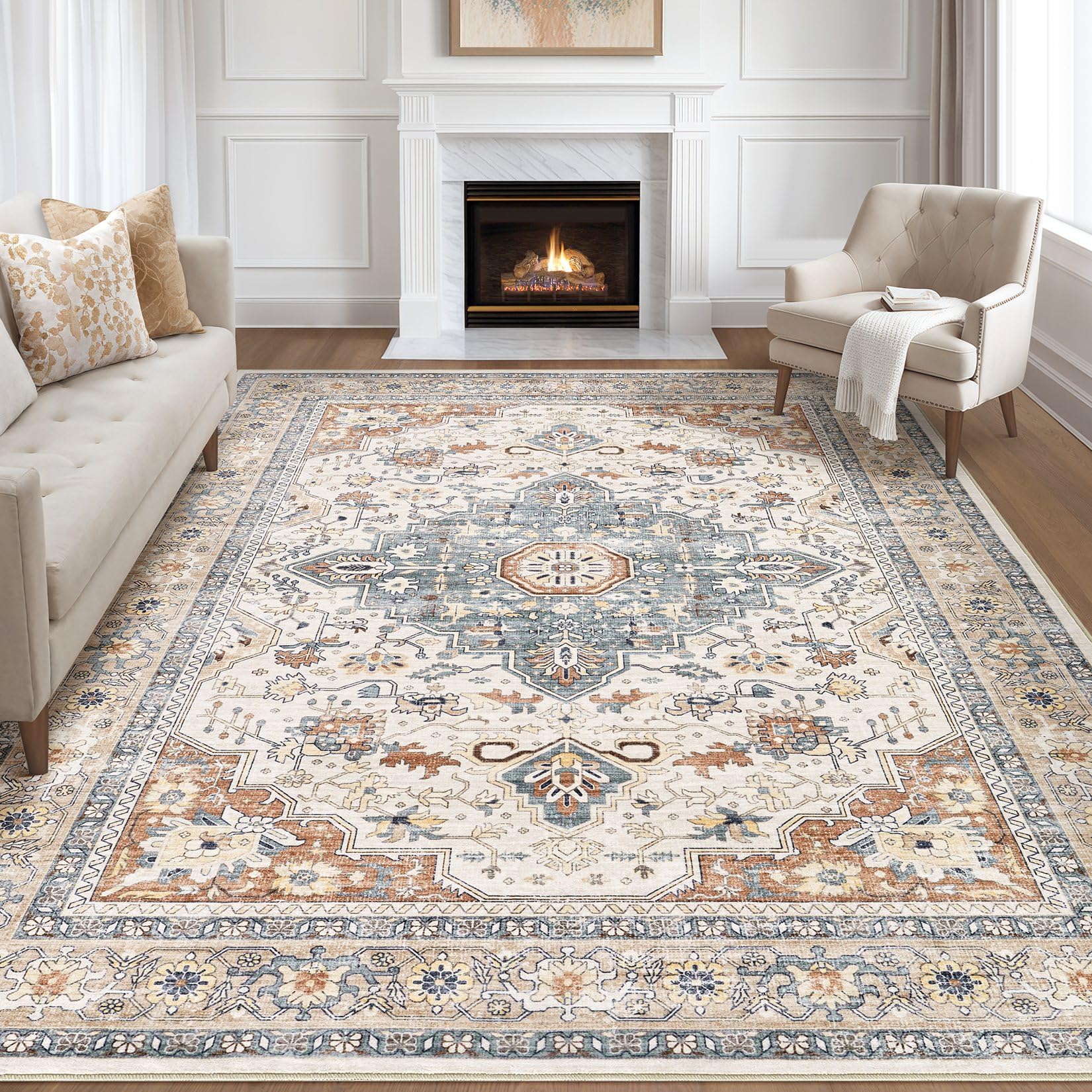 9x12 Area Rug Living Room Rugs: Large Soft Machine Washable Boho Vintage Stain Resistant Floral Bedroom Rug Neutral Farmhouse Low Pile Oriental Carpet for Dorm Nursery Dining Room Office- Beige Blue