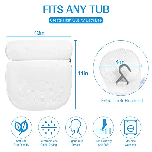 Idle Hippo Bath Pillow Bathtub Pillow, Bath Pillows for Tub Neck and Back Support with 6 Non-Slip Suction Cups, Ergonomic Bath Tub Pillow Headrest, Luxury Bath Accessory Spa Gifts for Bathtub, Hot Tub