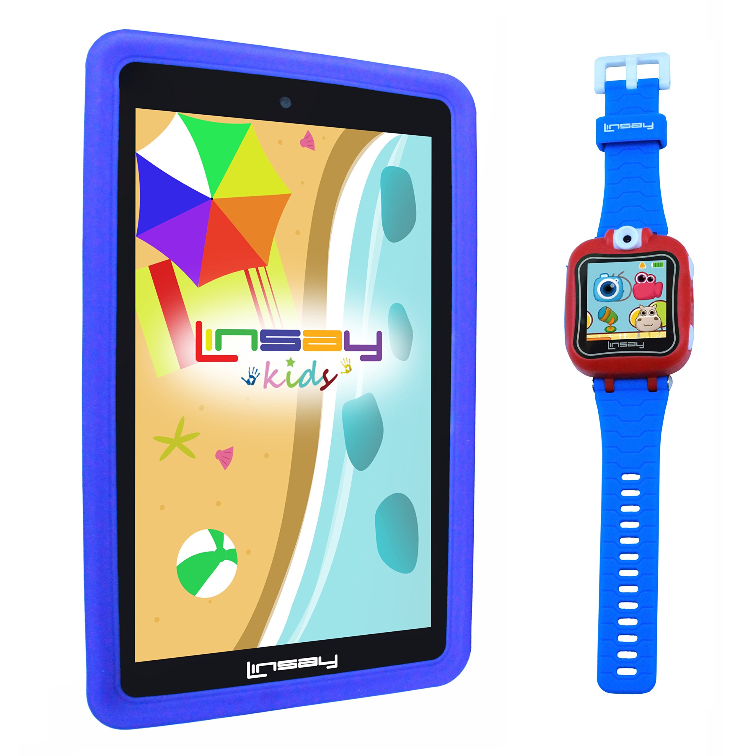 LINSAY® 7" Kids Funny Tablet Blue with 1.5" Kids Smartwatch 90 Degree Selfie Camera Blue