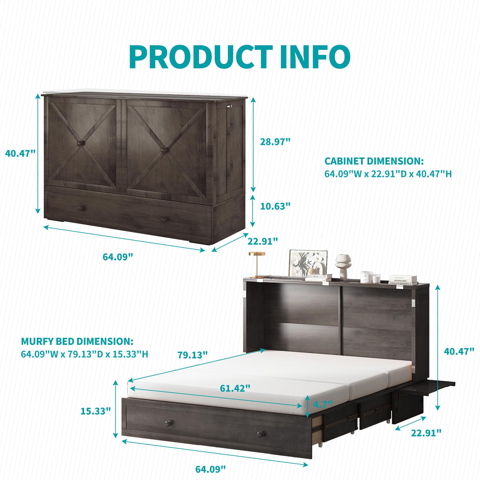 BALUS Murphy Bed, USB Charging Station, Furniture Murphy Cube Cabinet Bed, Queen Size Memory Foam Mattress in a Foldable Cabinet, Storage Drawer-Grey