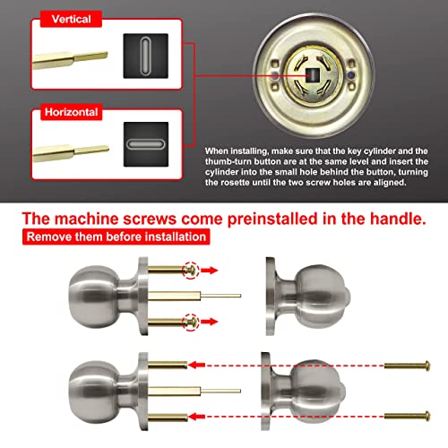 BESTTEN [2 Pack] Entry Door Knob with Lock, Keyed Different Door Lock for Exterior Door and Front Door, Standard Ball, Satin Nickel, Adjustable Latch