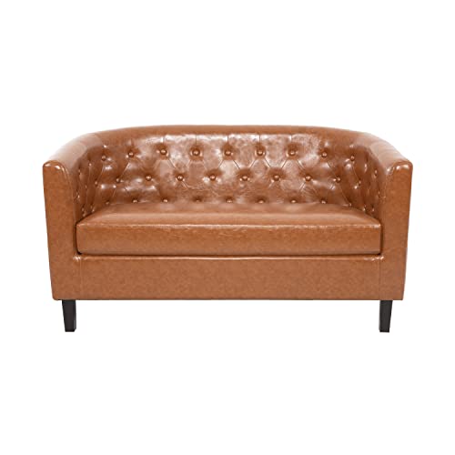 Emma Love Seat, Button Tufted Faux Leather Barrel Loveseat, Midcentury Modern 2 Seater Sofa Couch, Small Loveseat for Small Spaces, Bedrooms, Couches for Living Room, Easy Tool-Free Assembly - Caramel