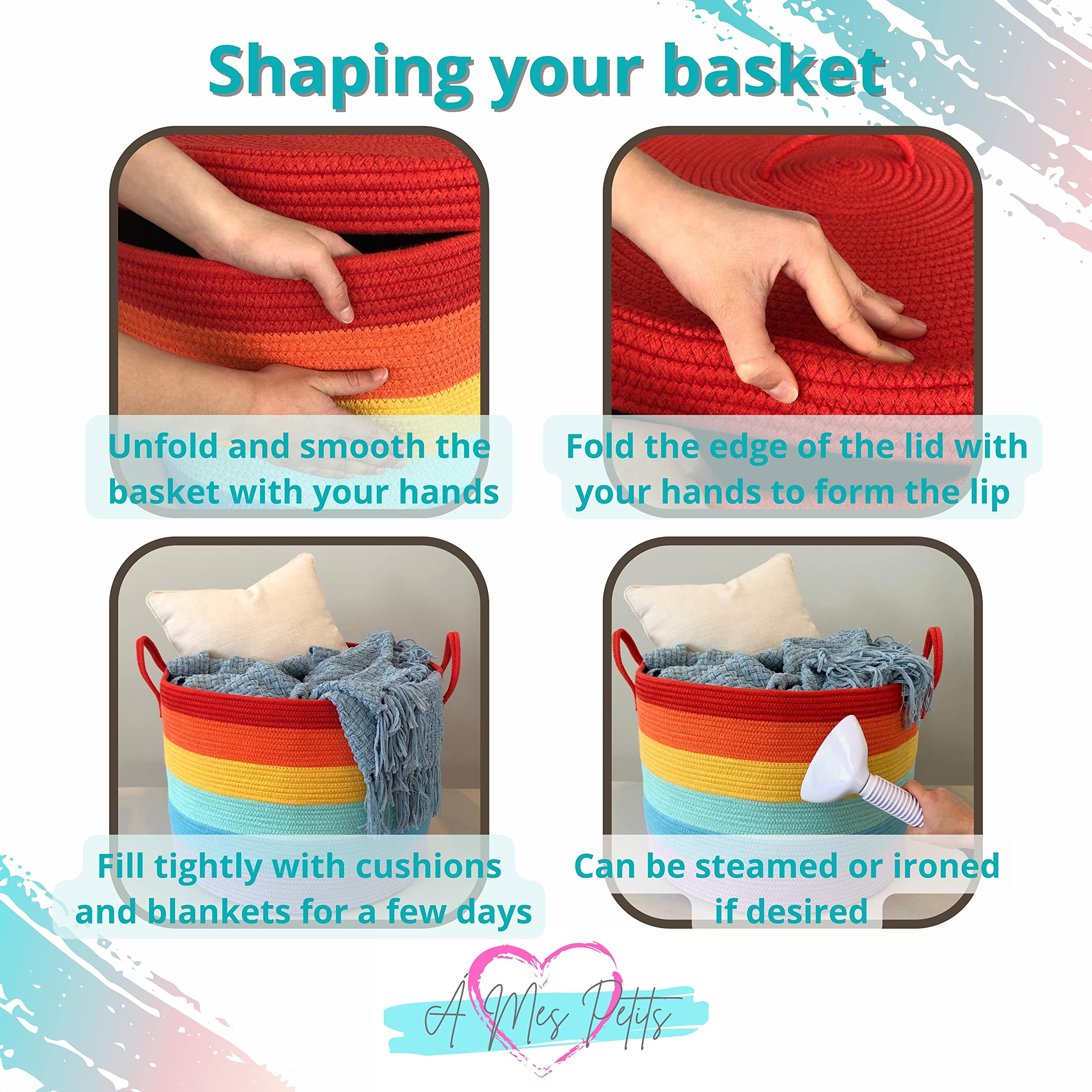 À Mes Petits 22"x16" Rainbow Rope Basket with Lid, Extra Large Rope Basket, Rainbow Basket, Cotton Rope Basket with Lid, Rainbow Decor, Rainbow Classroom Décor, Rainbow Storage