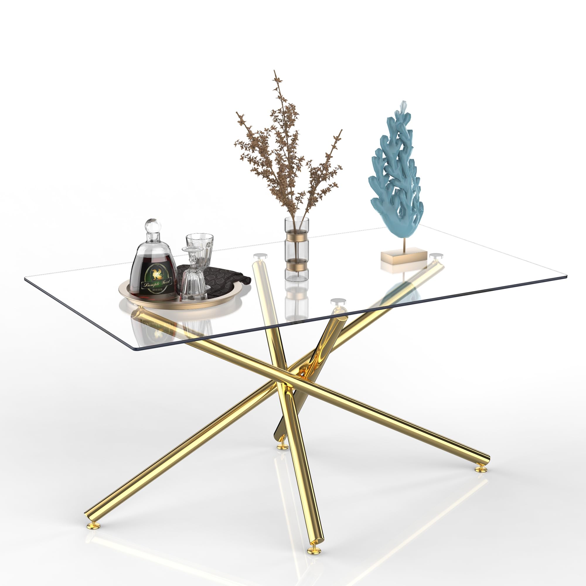 63 inch Glass Dining Table for 6, Modern Kitchen Table with Rectangular Tempered Glass Top and 4 Chrome Legs, Large Dining Table for Office Kitchen Living Meeting Room, Golden