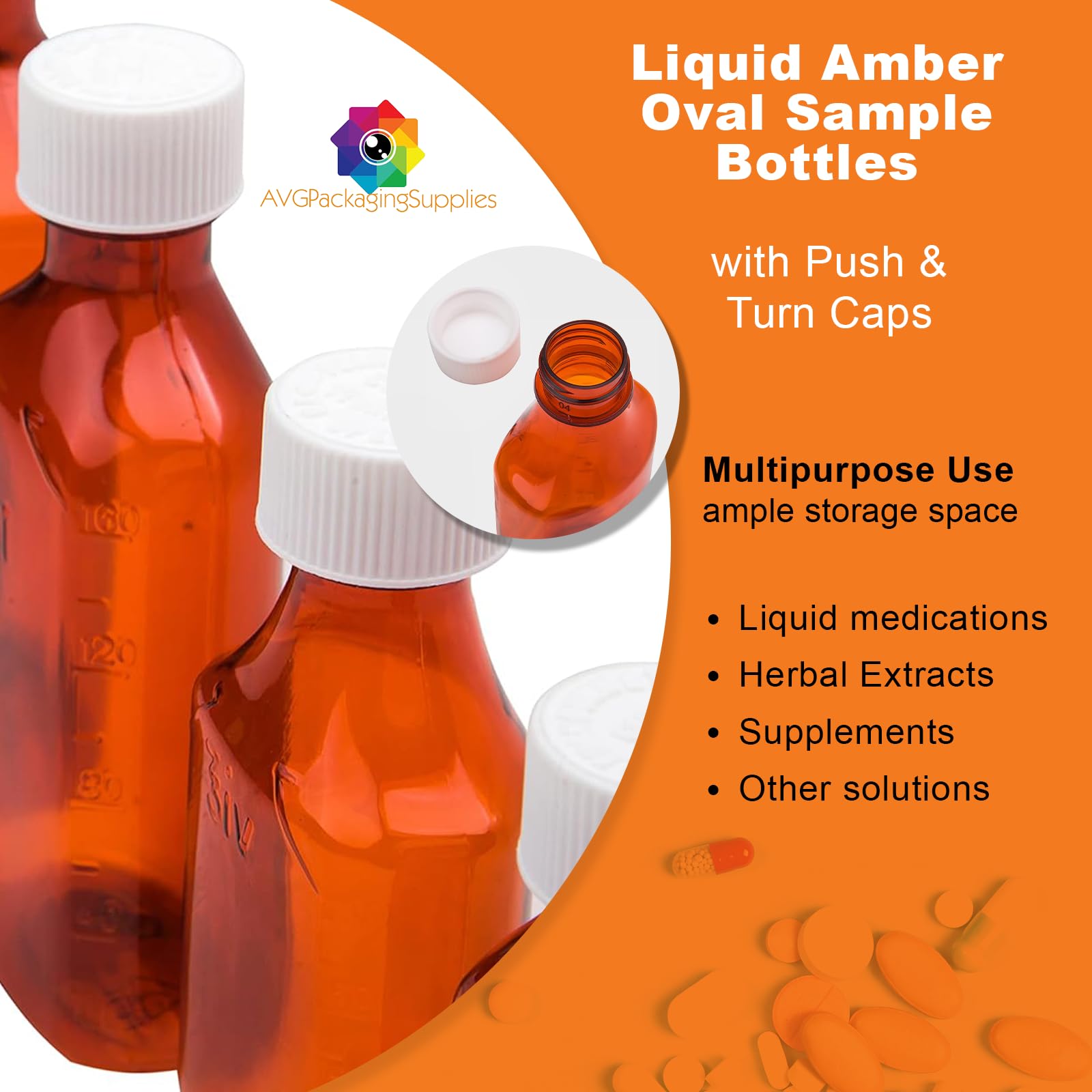 AVG Packaging Supplies Liquid Amber Oval Sample Bottles with Push & Turn Caps โ Child Resistant Pharmacy Prescription Medicine Containers, 1oz Vials (50ct)