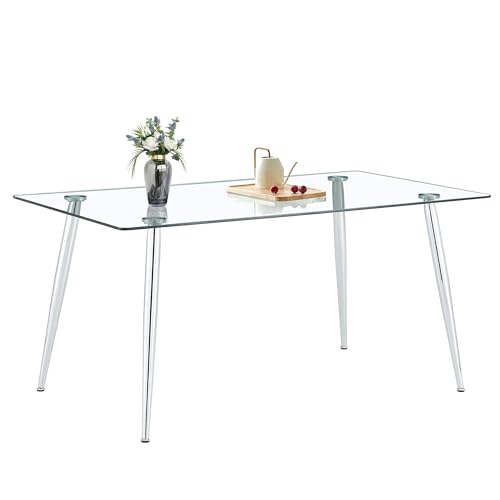 63 Inch Rectangle Dining Table,Modern Kitchen Table with Tempered Glass Tabletop and Metal Legs,Dining Room Table Dinner Table for Dining Room, Kitchen