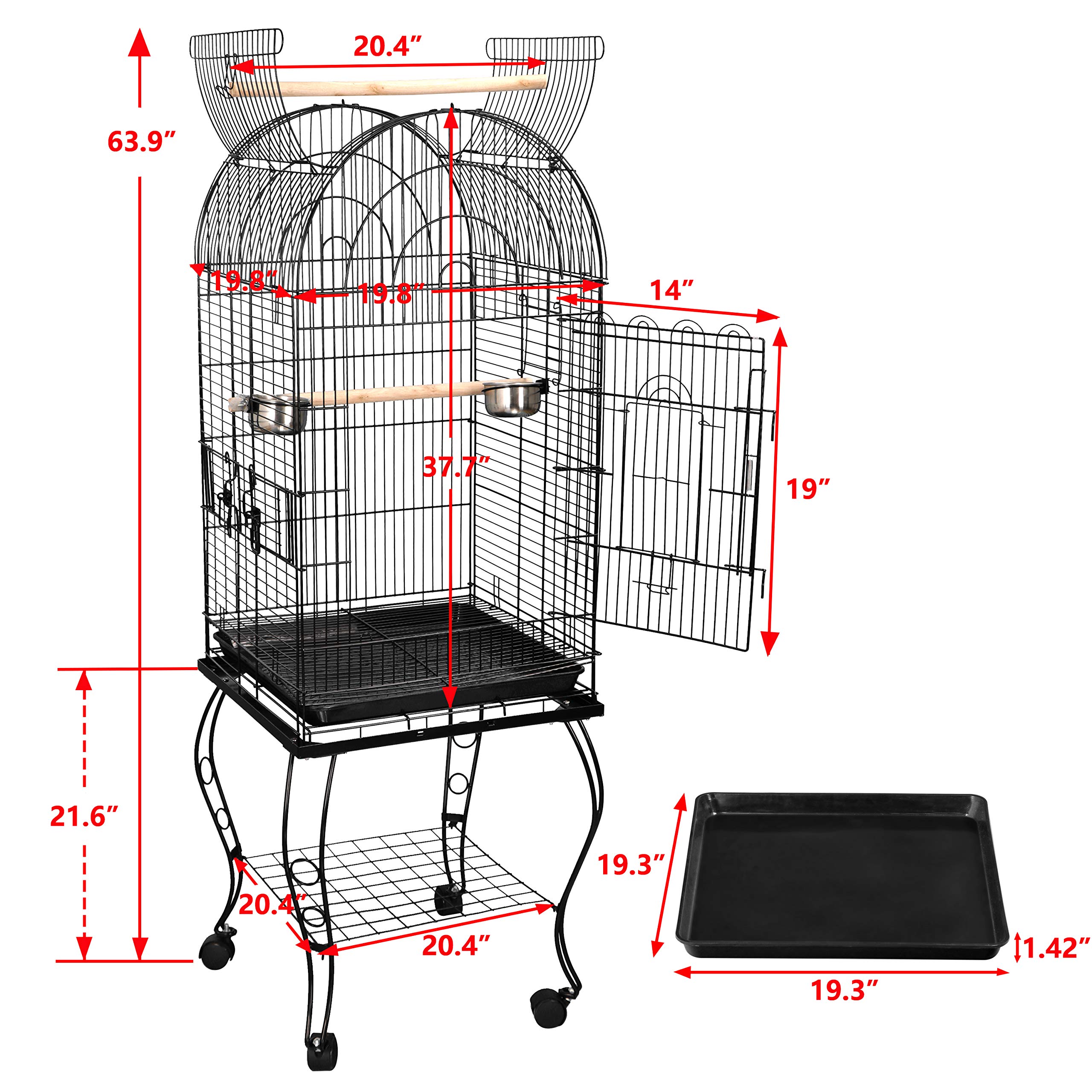 63.5 Inches Medium Bird Cage Open Top Parrot Cage with Detachable Stand, Rolling Wheels Lovebird Cockatiel Quaker Sun Parakeet Green-Cheek Conure Cage