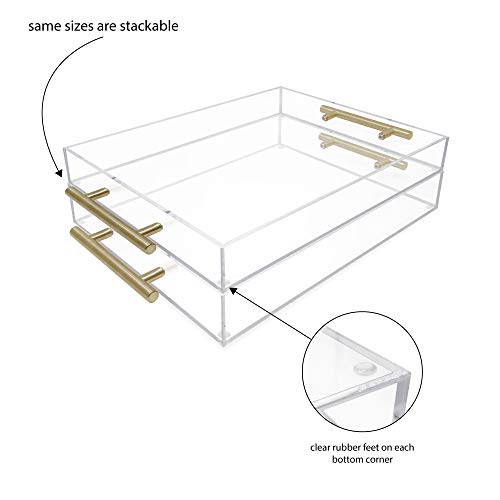 Isaac Jacobs Clear Acrylic Serving Tray (11x14) with Gold Metal Handles, Spill-Proof, Stackable Organizer, Food & Drinks Server, Indoors/Outdoors, Lucite Storage Décor (11x14, Clear with Gold Handle)