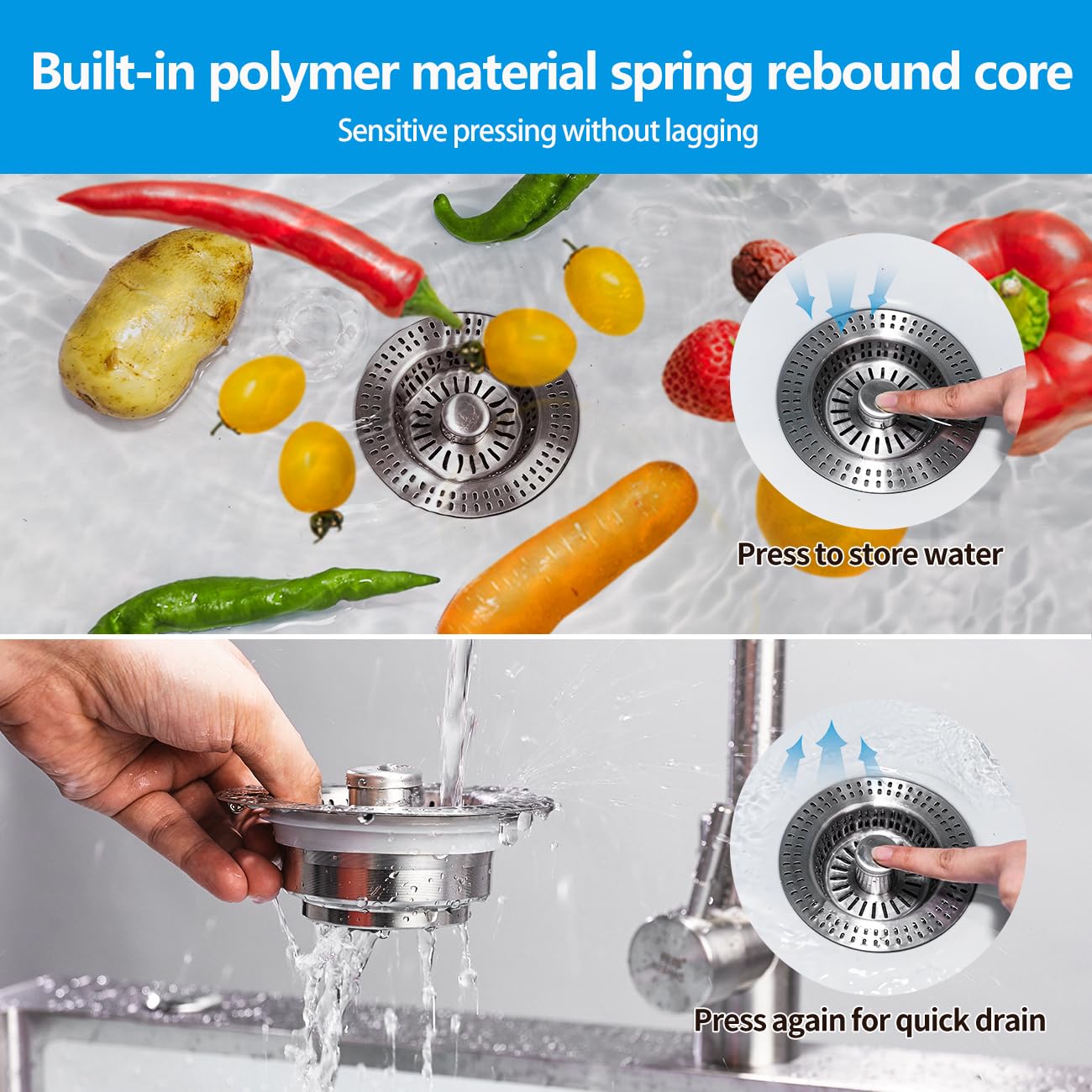 AAEJE【2024 New Upgrade】 3 in 1 Kitchen Sink Drain Strainer,Stainless Steel Pop Up Sink Drain Strainer,Kitchen Sink Stopper for US Standard 3-1/2" Drain