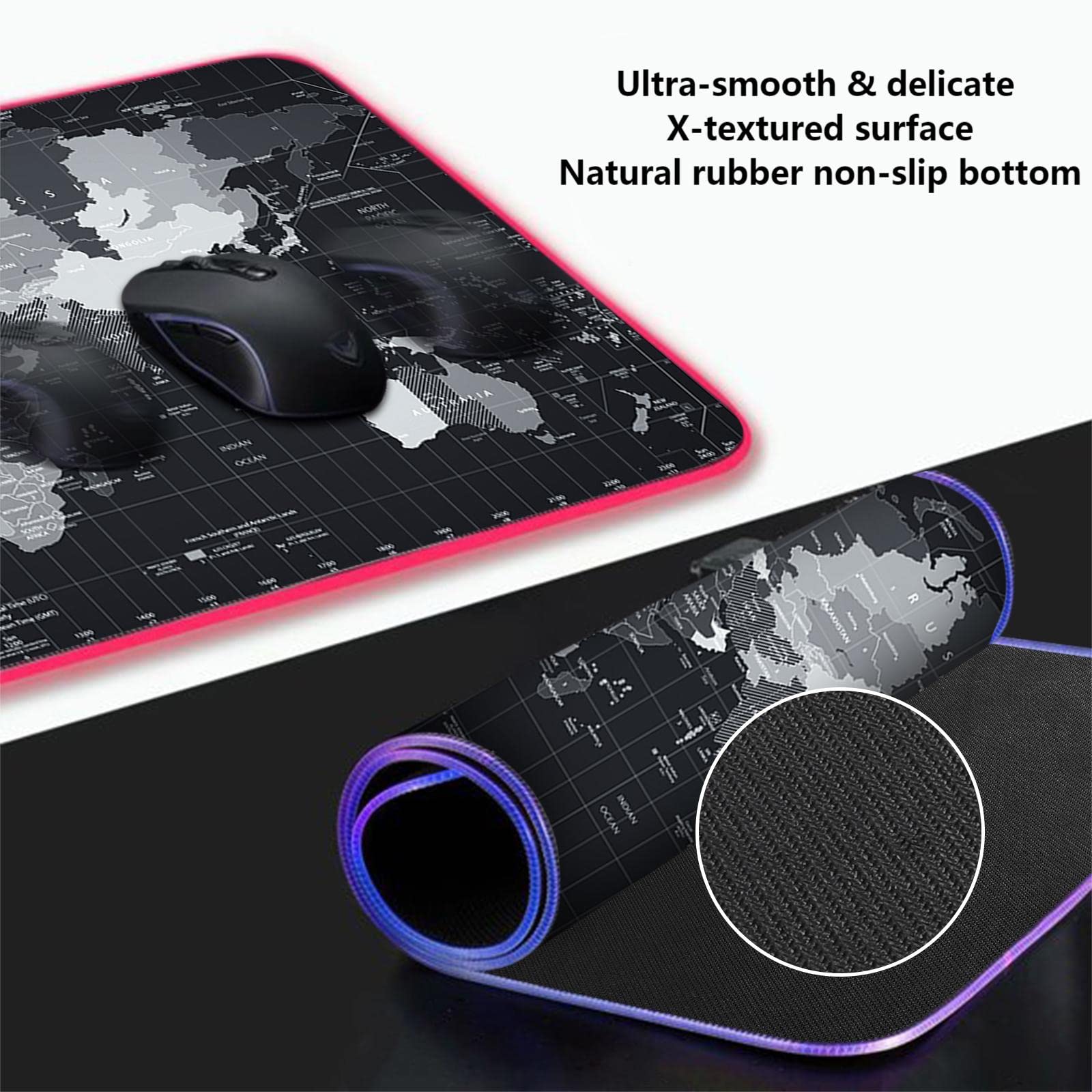 Roxooze Gaming Mouse Pad,Extra Large RGB Mouse Pad with Non-slip Rubber Base,Extended XL Led Desk Mat Ultra Smooth Surface Waterproof for Computer Laptop Home PC Gamer 35.43 x 15.75inch(World Map)